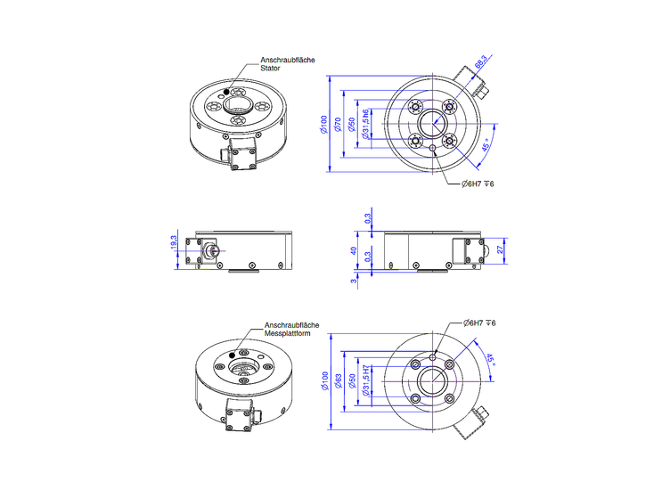 F6D100-50 6-Axis force/torque sensor - ME-Systeme | ME-Measuring Systems