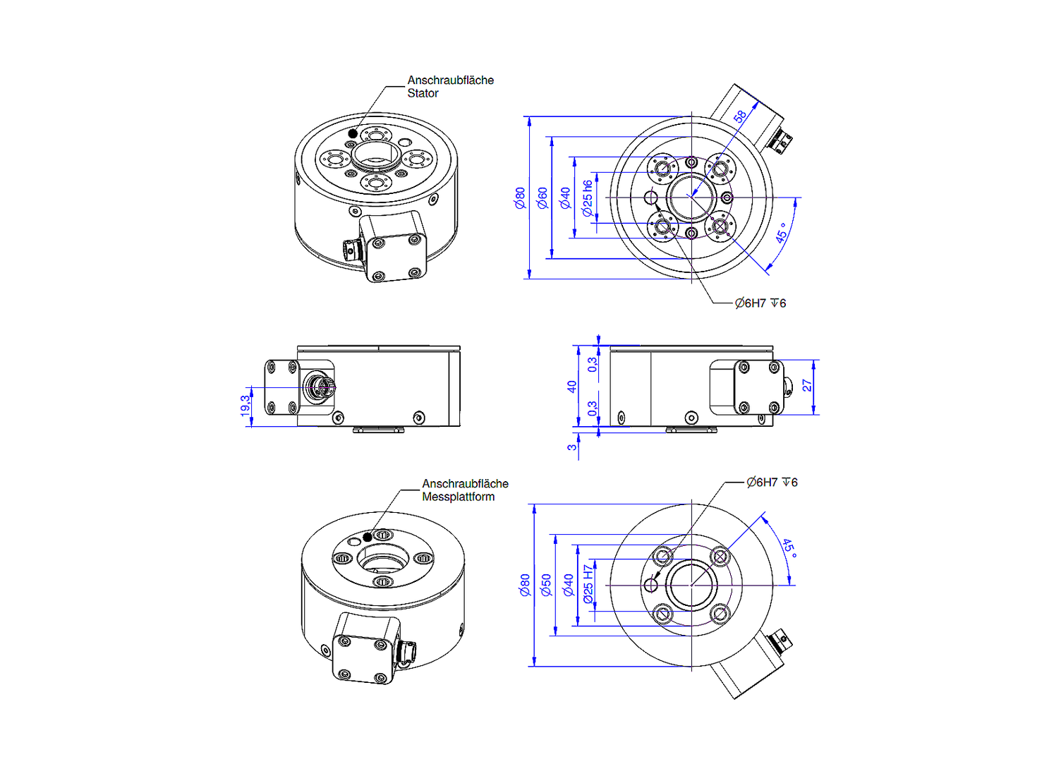 F6D80-40 6-Axis force/torque sensor - ME-Systems | ME-Measuring Systems